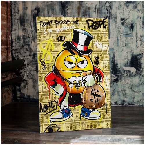 Картина на холсте для интерьера "Желтый M&M's с мешком денег" для гостиной, дома, офиса, в прихожую / Современный постер