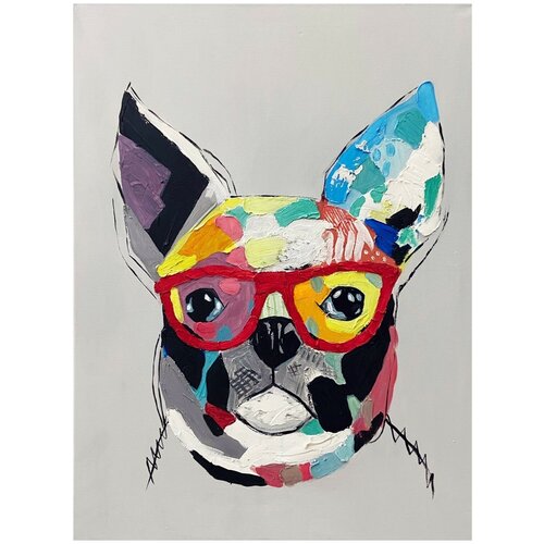 Интерьерная картина разноцветная собака ручная работа рельефная Разноцветный бульдог собака 80x60 см