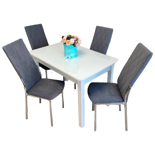 Обеденная группа стол со стульями для кухни NGVK Мега Белый стекло и 4 стула Омега 2 цвет Серый