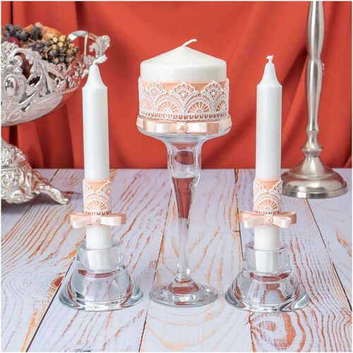 Набор свадебных свечей для домашнего очага "Персиковая гамма" с декором на стеклянных подставках