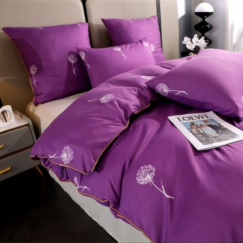 Постельное белье Alanna Comfort, 2 спальное, Бархатный сатин, Одуванчики на фиолетовом