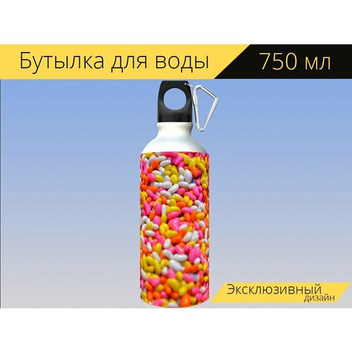 Бутылка фляга для воды "Жевательные конфеты, конфеты, сладости" 750 мл. с карабином и принтом