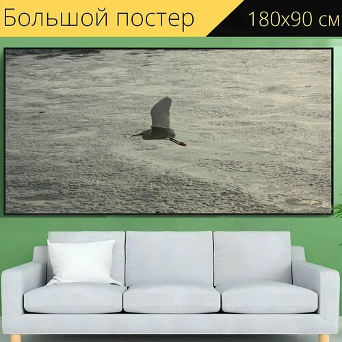 Большой постер "Птица в полете, чайка над морем, закат на пляже" 180 x 90 см. для интерьера