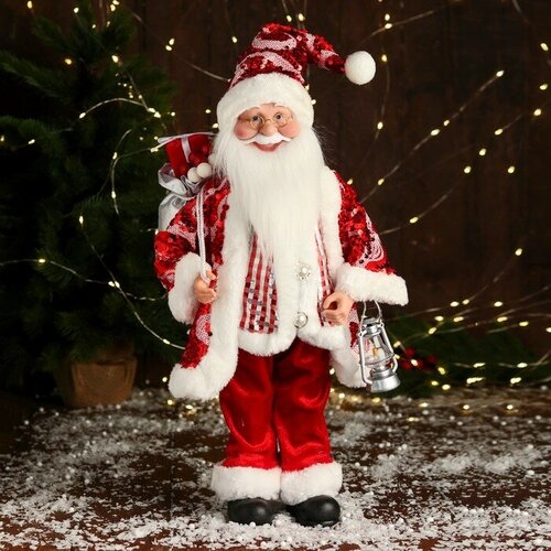 Зимнее волшебство Дед Мороз "В полосатом жилете" музыка шевелит головой, 43 см, красный