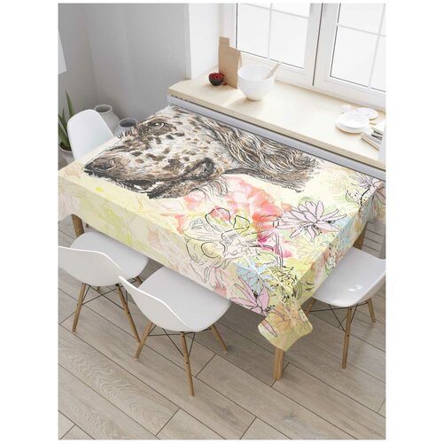Скатерть прямоугольная JoyArty на кухонный стол "Пес любитель цветов" из оксфорда, 180x145 см