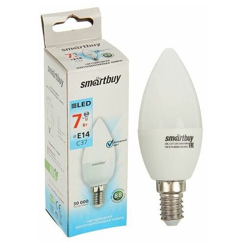 Лампа cветодиодная Smartbuy, E14, C37, 7 Вт, 4000 К, дневной белый свет