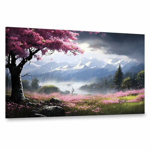 Интерьерная картина 100х60 "Пейзаж с дождем и расцветшими цветами"