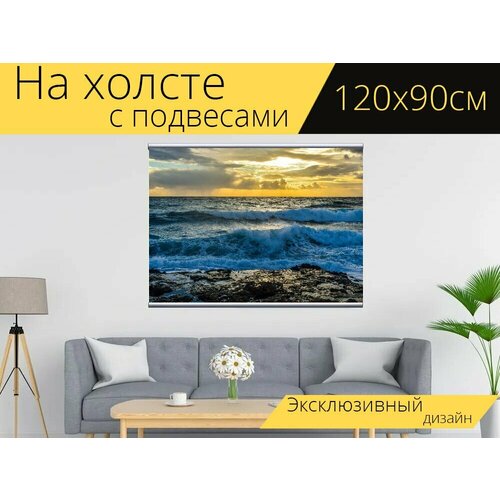 Картина на холсте "Волны, море, небо" с подвесами 120х90 см. для интерьера