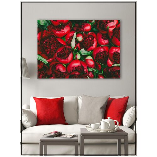 Картина для интерьера на натуральном хлопковом холсте "Красные пионы", 30*40см, холст на подрамнике, картина в подарок для дома