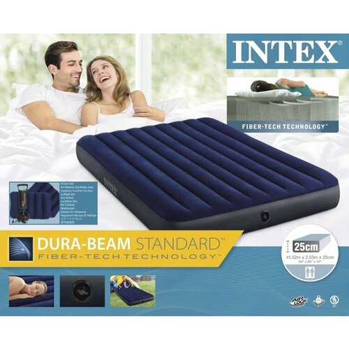 Надувной матрас Intex Classic Downy Airbed двуспальный с ручным насосом и 2 подушками, 152х203х25 см