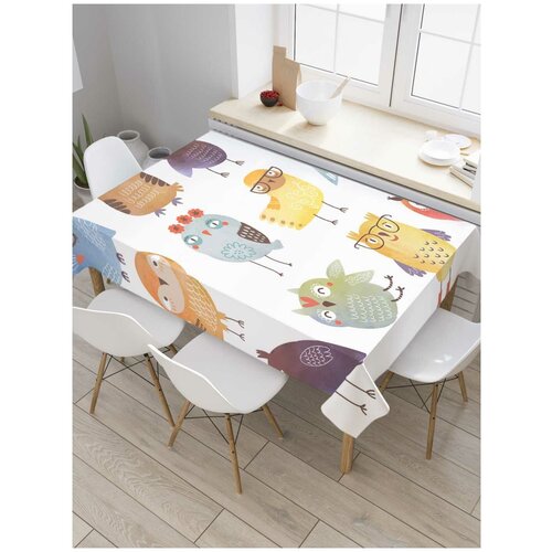 Скатерть прямоугольная JoyArty на кухонный стол "Разные совы" из оксфорда, 180x145 см
