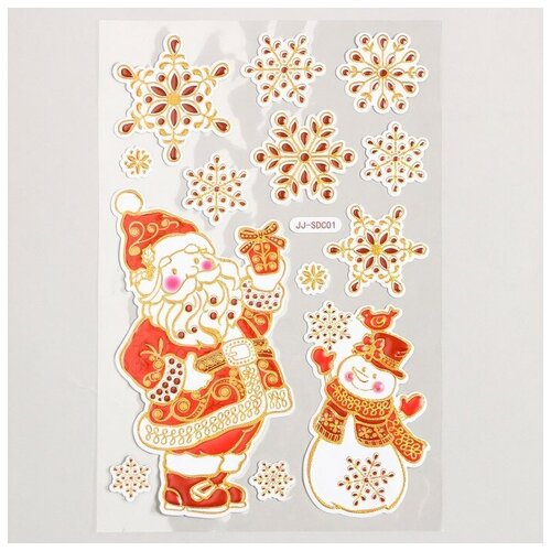 Наклейка пластик "Дед Мороз и Снеговик под снежинками" золотисто-красная 17х27 см