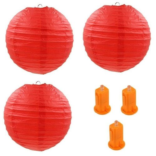 Набор подвесных бумажных фонариков ПатиПраздник цвет красный, диаметр 30 см, 3 шт и 3 светодиода