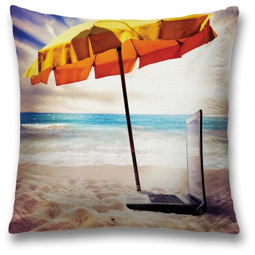 Наволочка декоративная на молнии, чехол на подушку JoyArty "Ноутбук на пляже" 45х45 см