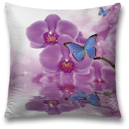 Наволочка декоративная на молнии, чехол на подушку JoyArty "Бабочка на орхидее" 45х45 см