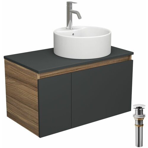 Комплект для ванной, 4 предмета (тумба Bau 80, графит + раковина BAU D40, с отв. под смеситель + смеситель Dream, выпуск клик-клак, белый)