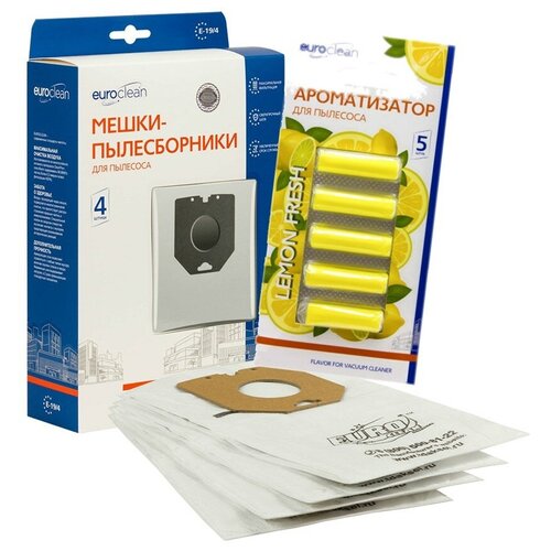 Мешки-пылесборники Euroclean синтетические 4 шт и ароматизатор "Лимон" для пылесоса PHILIPS HR8879 VISION