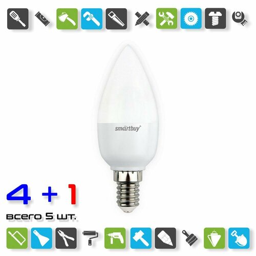 Лампа светодиодная Smartbuy LED E14, свеча, 9.5Вт, 230В, 3000К, теплый свет / x 5 шт