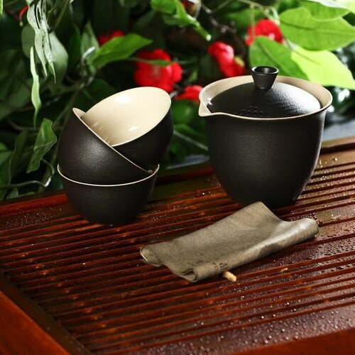 Набор для чайной церемонии керамический Атмосфера, 6 предметов: чайник 250 мл, 3 пиалы 50 мл, тряпка, сумка, цвет коричневый