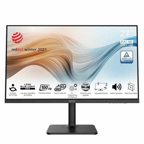 MSI Монитор MSI Modern MD272XP 27" Black (IPS, 1920x1080, HDMI+DP+Type C, USB Hub, 1 ms, 178°/178°, 300 cd/m, 1000:1 (100M:1), 100Hz, MM, Pivot) 3PB1