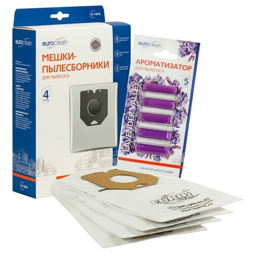 Мешки-пылесборники Euroclean синтетические 4 шт и ароматизатор "Лаванда" для пылесоса PHILIPS HR8733 VISION