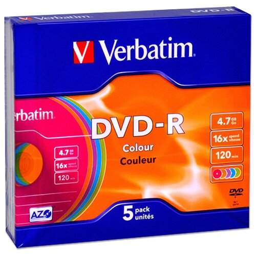 Диск Verbatim DVD-R 4,7Gb 16x slim Color, упаковка 5 штук