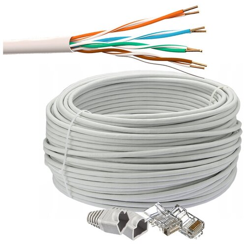 Комплект: Интернет кабель витая пара UTP4 cat.5e, одножильный Fluke test с коннектором rj45 и колпачками rj45 25 метров