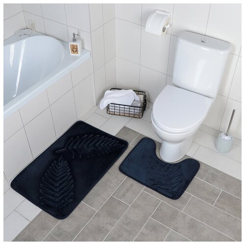 Набор ковриков для ванны и туалета Доляна «Тропики», 2 шт: 40×50, 50×80 см, цвет синий, (1 шт)