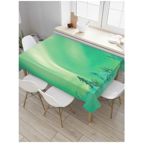 Скатерть прямоугольная JoyArty на кухонный стол "Северное сияние над заснеженными соснами" из оксфорда, 180x145 см