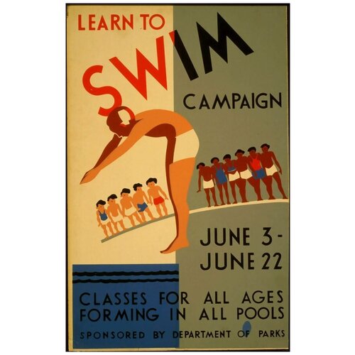 Плакат, постер на бумаге Learn to swim/Учись плавать. Размер 30 на 42 см