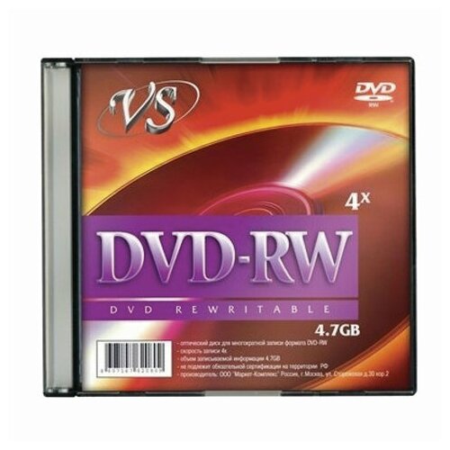 Диск DVD-RW VS, 4,7 Gb, 4x, Slim Case (1 штука), VSDVDRWSL01