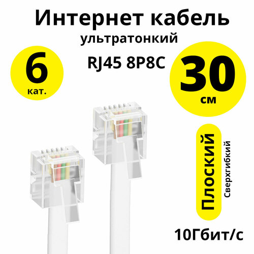 Кабель для интернета CAT6 10 Гбит/с RJ45 LAN плоский для ПК PS4 Xbox One Smart TV (ELS-LNC6) белый 0.3м