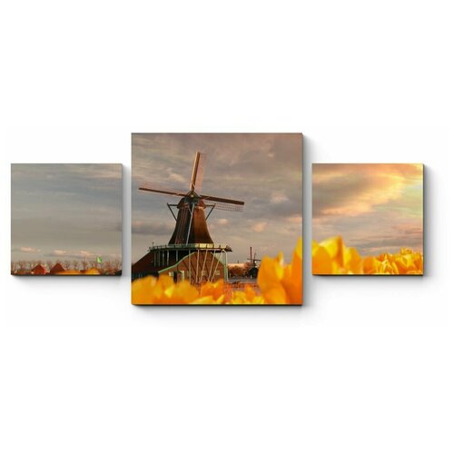 Модульная картина Ветряная мельница и желтые тюльпаны на закате 180x77