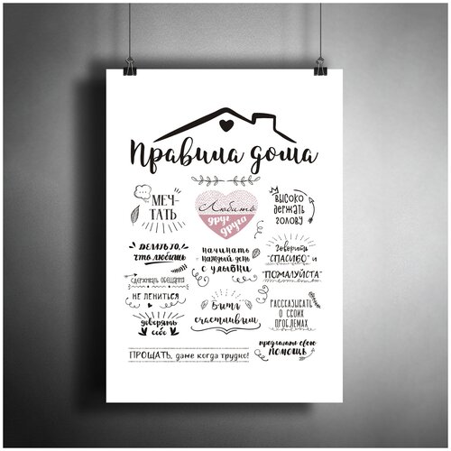 Постер плакат для интерьера "Правила Дома для семьи. Подарок на новоселье" / Декор дома, гостинной. A3 (297 x 420 мм)