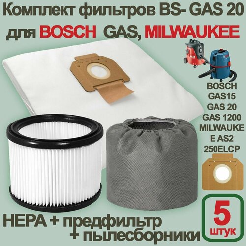 Комплект BS-GAS20 (5 мешков + 2 фильтра) для пылесоса BOSCH GAS15, GAS20, GAS1200, MILWAUKEE AS2 250