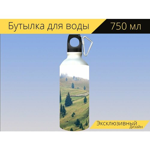 Бутылка фляга для воды "Холмы, деревья, трава" 750 мл. с карабином и принтом