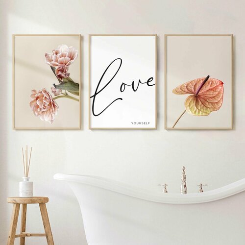 Плакат Постер 3 шт 40х50 без рамки "Розовые цветы, любовь" набор картин для интерьера