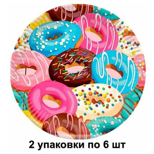 Пати Бум Тарелка одноразовая бумажная "Пончики" d18 см, 6 шт, 2 уп