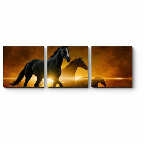 Модульная картина Бегущие лошади на фоне закатных облаков 100x33