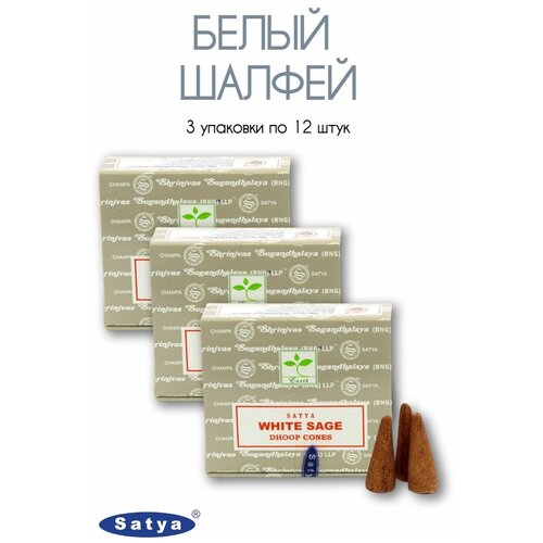 Набор Satya Белый шалфей - 3 упаковки по 12 шт - ароматические благовония, конусовидные, конусы с подставкой, White Sage - Сатия, Сатья