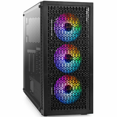 Корпус Miditower ExeGate EVO-5001A (ATX, без БП, 2*USB+1*USB3.0+HD Audio, черный, 3 вент.12см с RGB подсветкой, боковая панель - закаленное стекло)