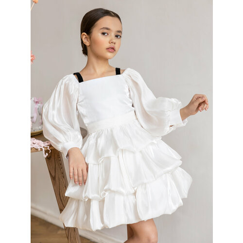 Платье, размер 128-134, бежевый, белый