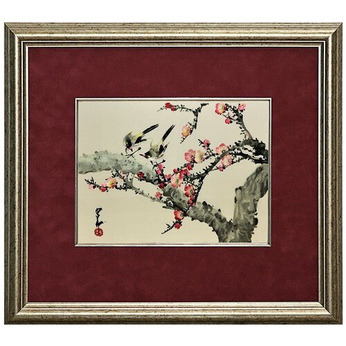 Картина вышитая шелком Две ласточки у цветущей вишни ручной работы /см/59х49х3/багет+паспарту