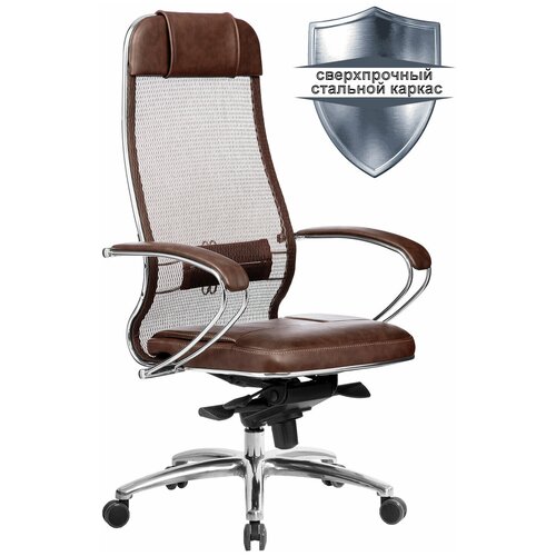 Кресло офисное метта «SAMURAI» SL-1.04, сверхпрочная ткань-сетка/ кожа, темно-коричневое