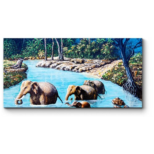 Модульная картина Семья слонов переправляется через реку 70x35