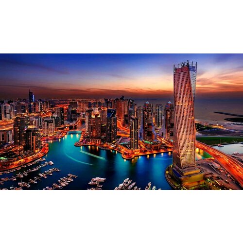 Картина на холсте 60x110 LinxOne "Красивый ночной вид на Дубай" интерьерная для дома / на стену / на кухню / с подрамником