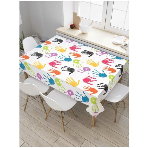 Скатерть прямоугольная JoyArty на кухонный стол "Цветные отпечатки рук" из оксфорда, 120x145 см