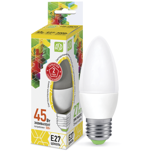 Лампа светодиодная ASD LED-СВЕЧА-standard 5Вт 230В Е27 3000К 450Лм