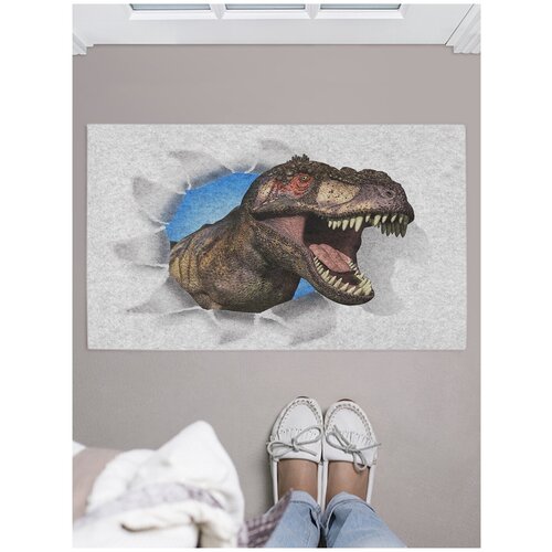 Придверный коврик в прихожую JoyArty "Нападение динозавра" для обуви, на резиновой основе, 75x45 см