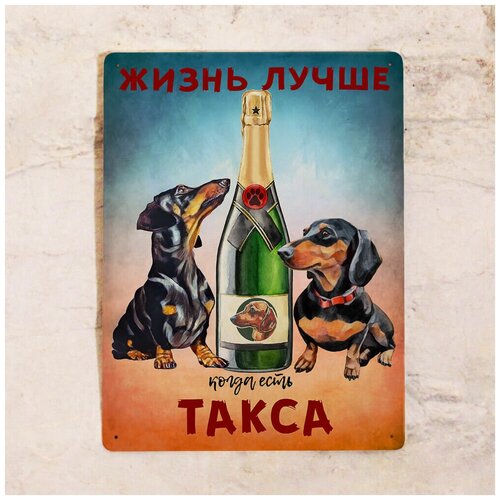 Прикольная металлическая табличка Жизнь лучше с Таксой, прикольный подарок владельцу собаки на новый год, металл, 30х40 см.